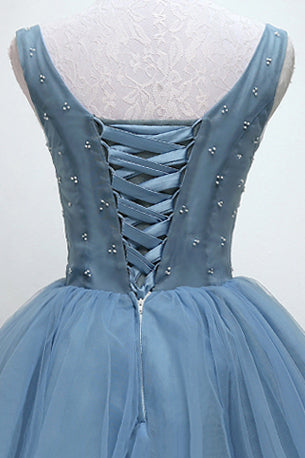 Princess Dusty Blue Floral Homecoming Dress, Cute Short Graduation Dre